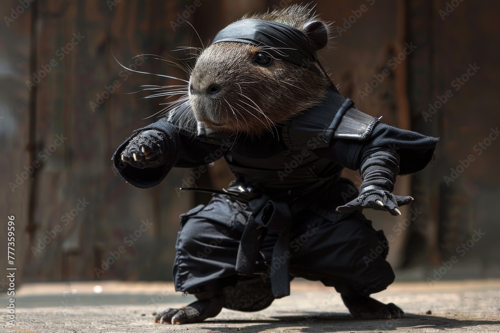 A fierce capybara dressed as a ninja ready for battle, showcasing ...