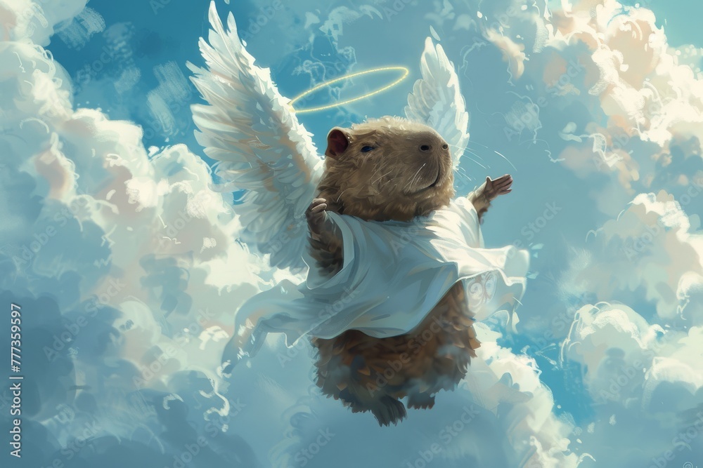 A serene capybara angel with wings and halo gracefully soars through ...
