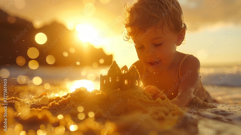 Silhouette of a child deeply engaged in building a sandcastle on a ...