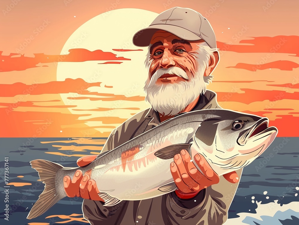 Cartoon old fisherman, cap on, holding a big fish, front view, sea ...