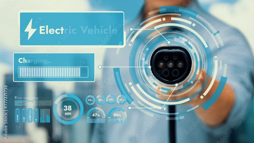 Focus EV charger pointing in front of camera display digital smart ...