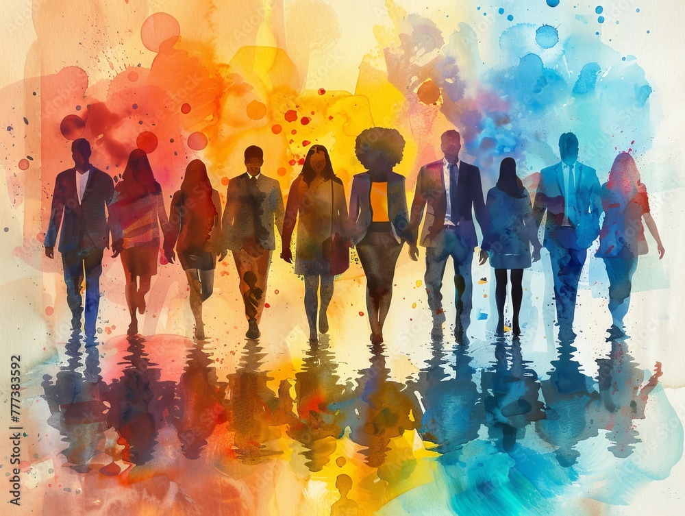 Abstract loose watercolor illustration of a diverse team of colleagues ...