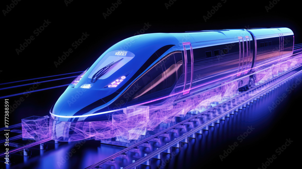 High-speed bullet train on track, isolated on dark black background ...