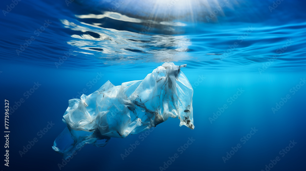 Plastic pollution in ocean. Underwater pollution:- A discarded plastic ...