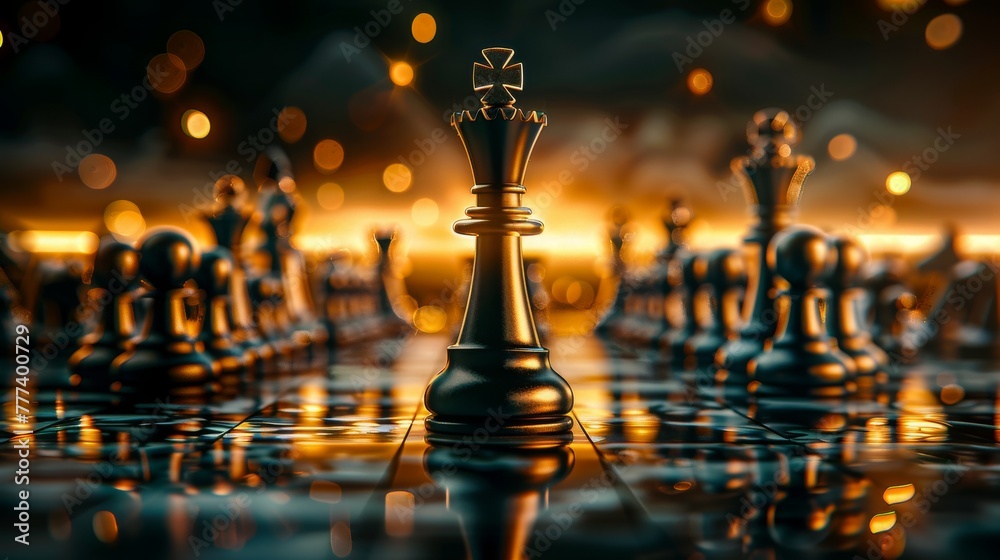 Black king winner surrounded with black gold chess pieces on chess ...