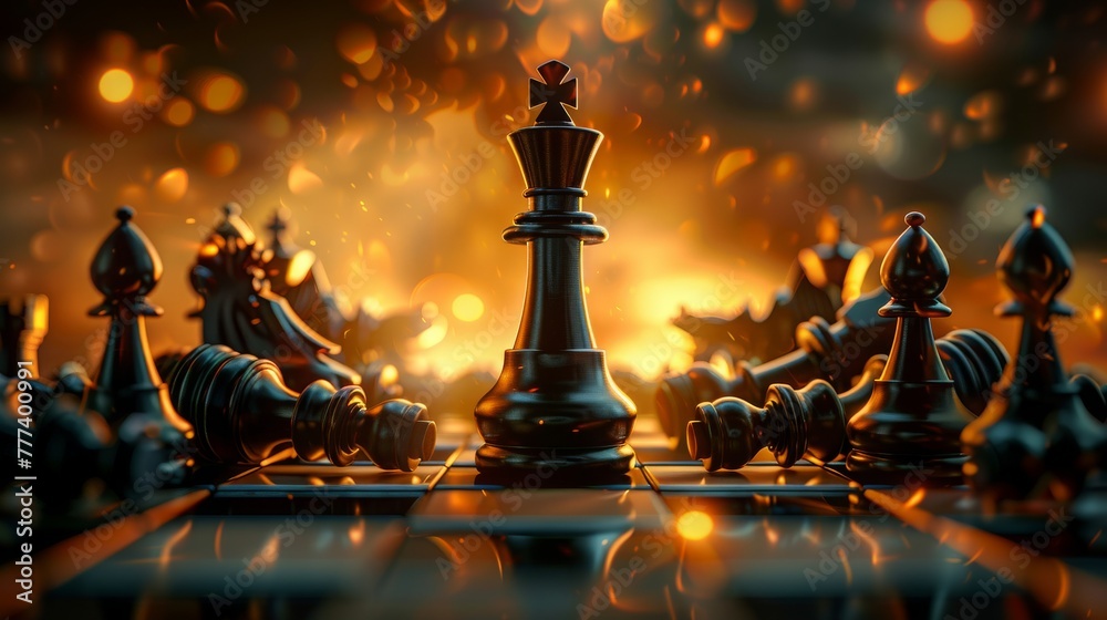 Black king winner surrounded with black gold chess pieces on chess ...