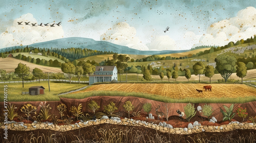 A detailed illustration of a farms ecosystem from soil layers to ...