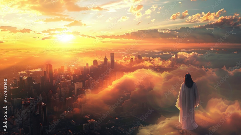 Jesus Christ Blessing a Modern City. Depicting Christ standing in ...