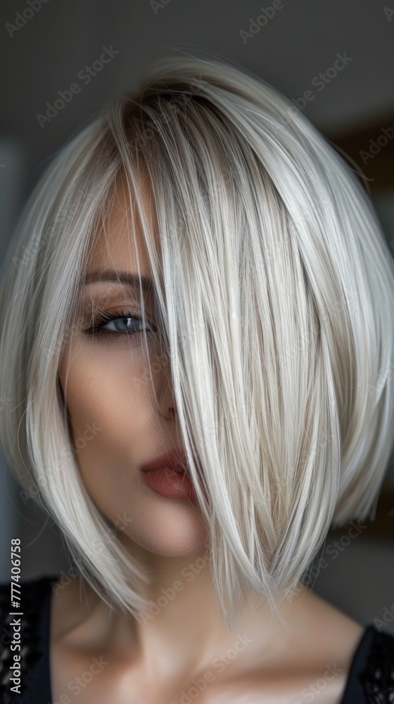 dark and light silver ambre hairstyles with a short straight form, eye ...