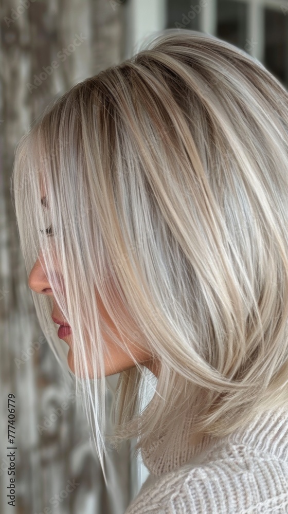 dark and light silver ambre hairstyles with a short straight form, eye ...