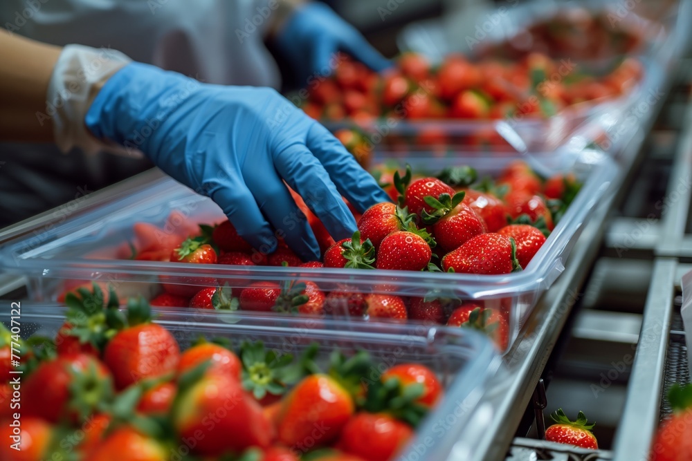Workers wearing gloves checking plastic packaging fresh strawberries ...