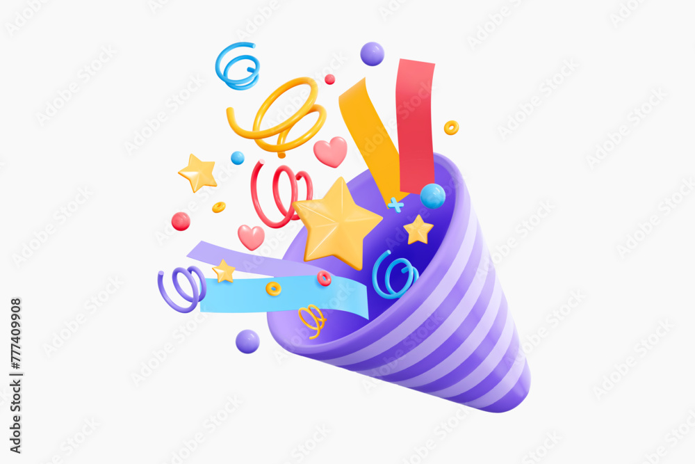 3D Party popper emoji with explosion confetti. Birthday surprise ...
