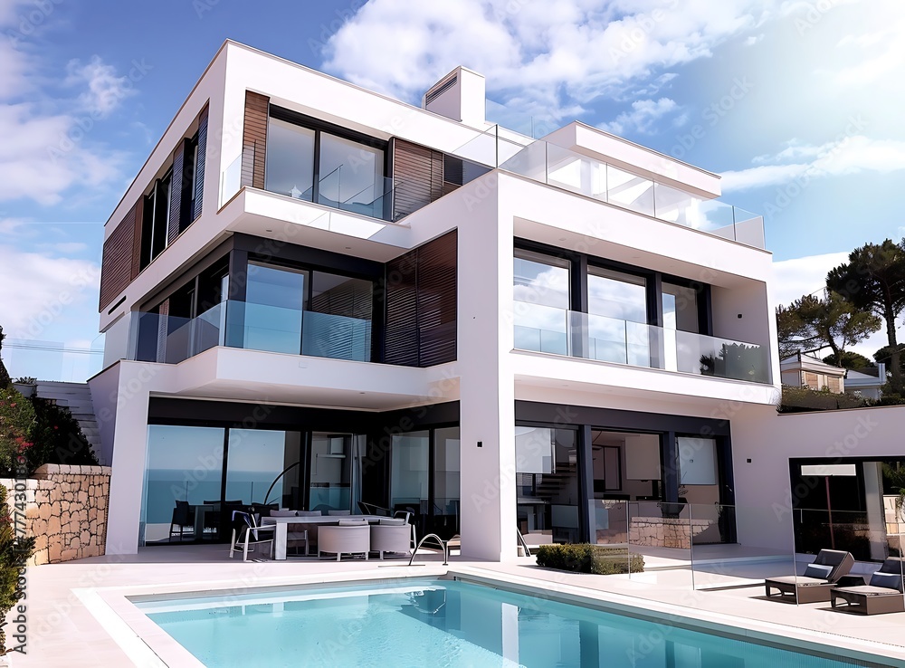 Modern white mansion with pool and terrace, front view, blue sky, sunny ...