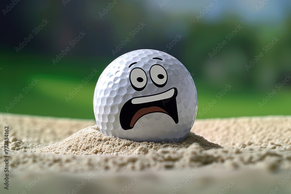 Funny but unhappy golf ball character stuck in a bunker on a golf ...