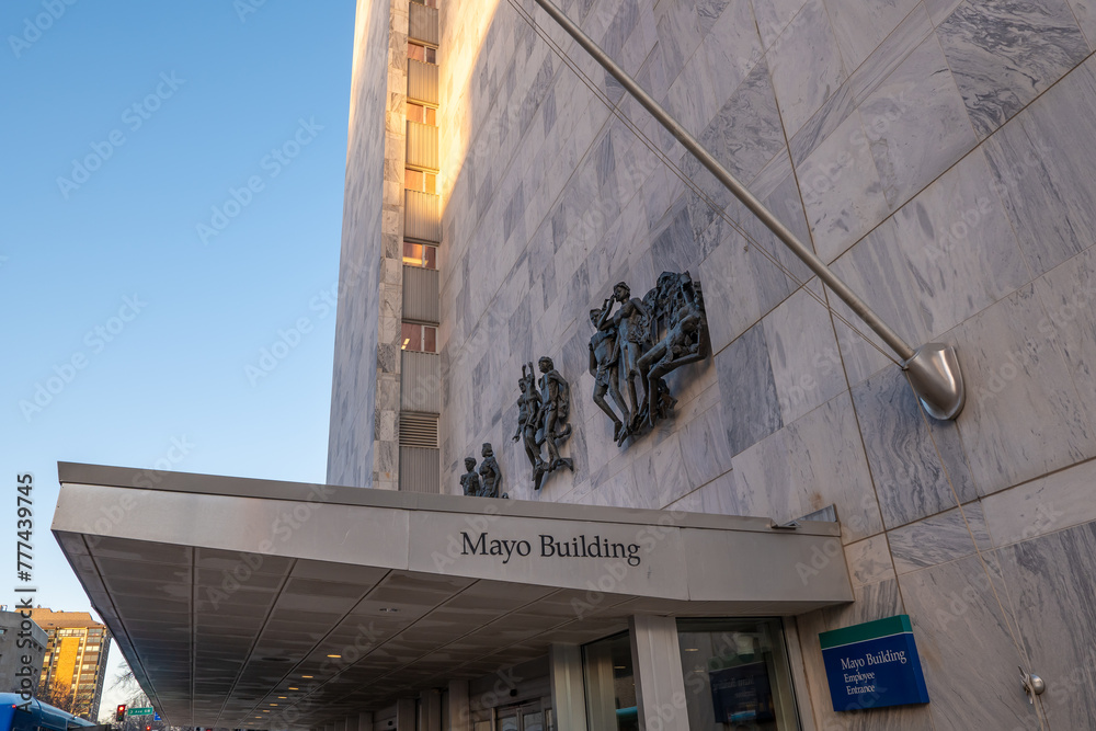 ROCHESTER, MN – 14 DEC 2023: A Mayo Building entrance with signage on ...