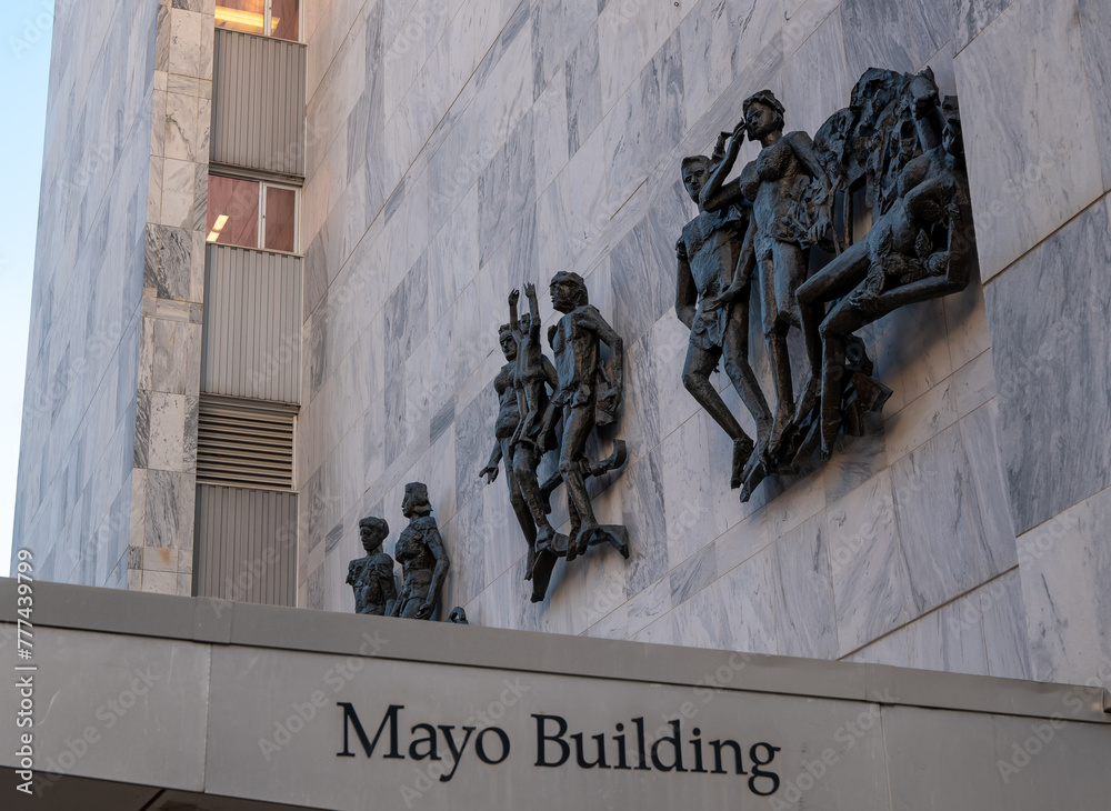 ROCHESTER, MN – 14 DEC 2023: Mayo Building signage and sculptures on ...