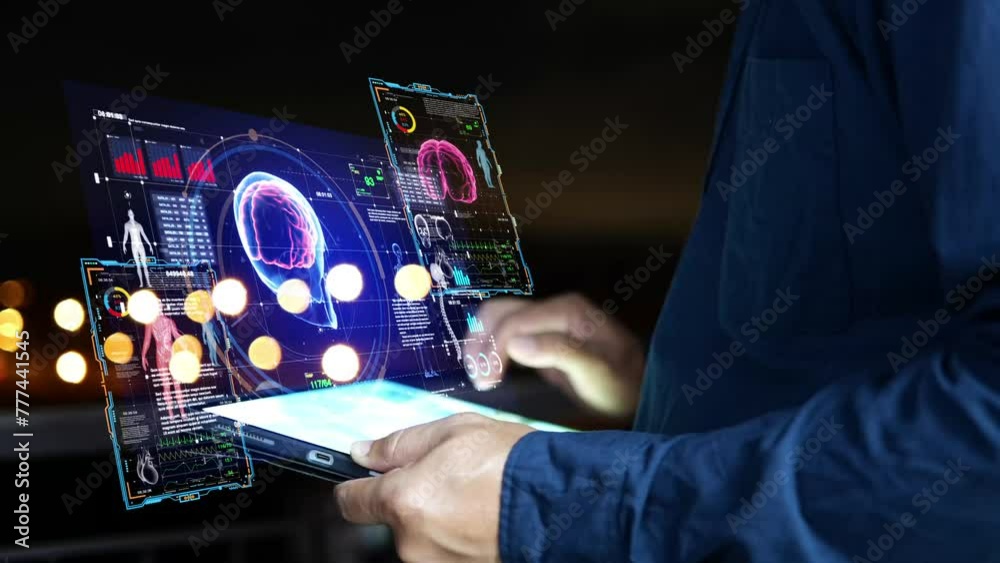 Hand holding a laptop and a screen, Look at the HUD hologram screen ...