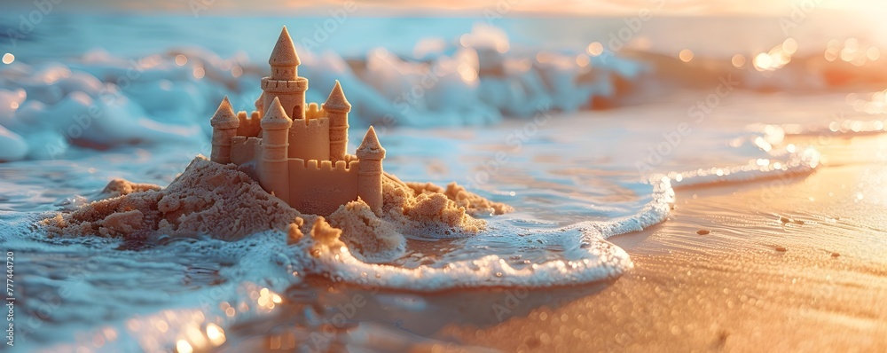 Majestic Sandcastle Kingdom Rising from the Coastal Sands with Glowing ...