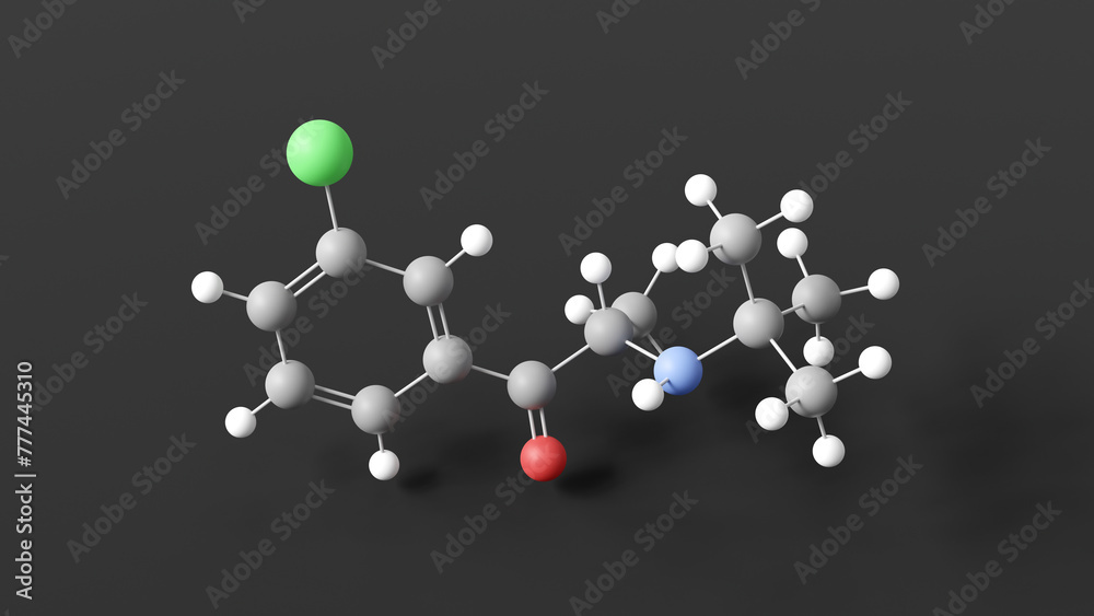 bupropion molecular structure, atypical antidepressant, ball and stick 3d model, structural ...