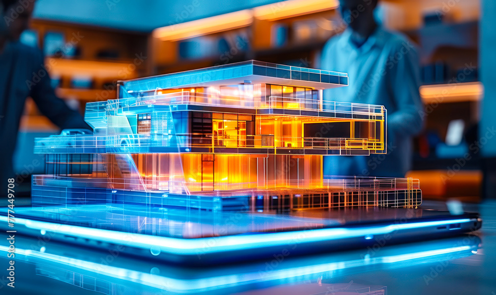 Holographic 3D building model on laptop, digital Building Information ...