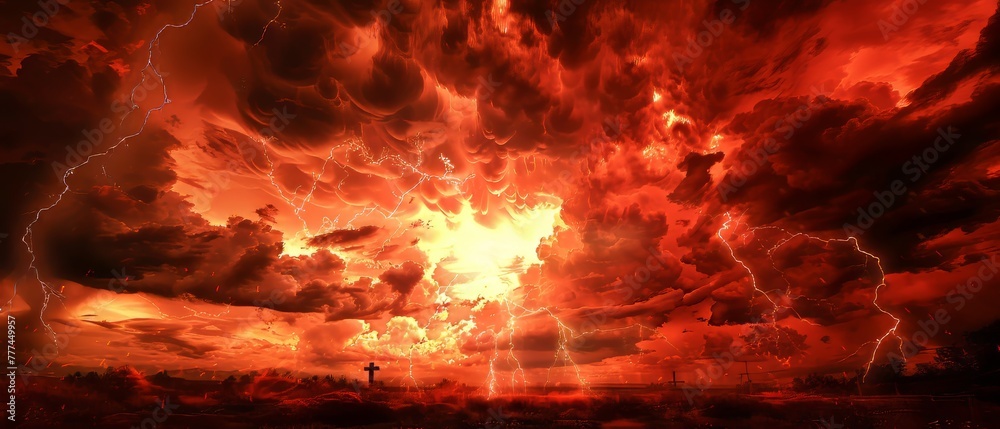 The scene depicts a dramatic religious scene with a hell realm, bright ...