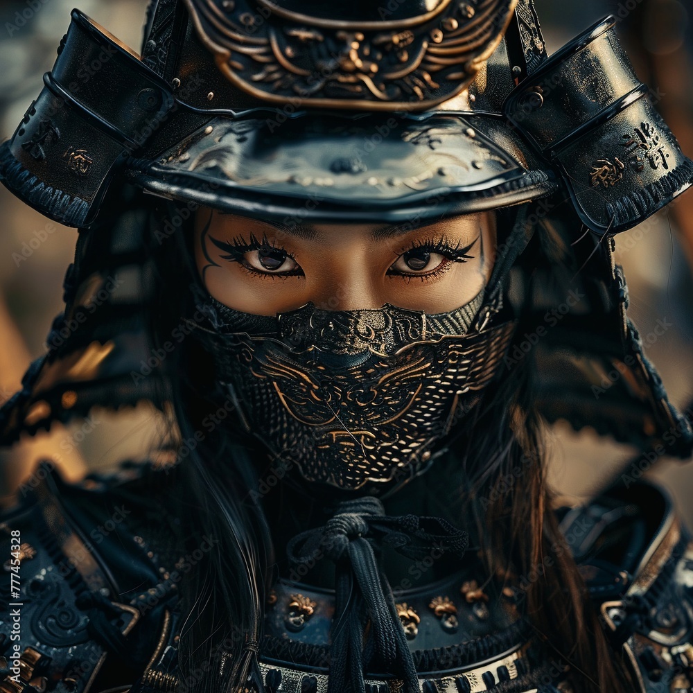A beautiful Japanese samurai woman wearing a black metal mask, with ...