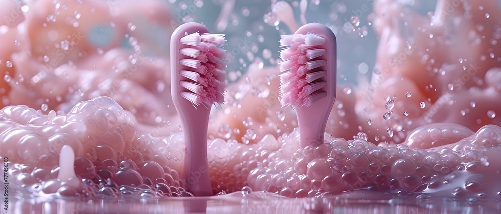 Abstract battle scene between bacteria and toothbrushes fighting tooth ...