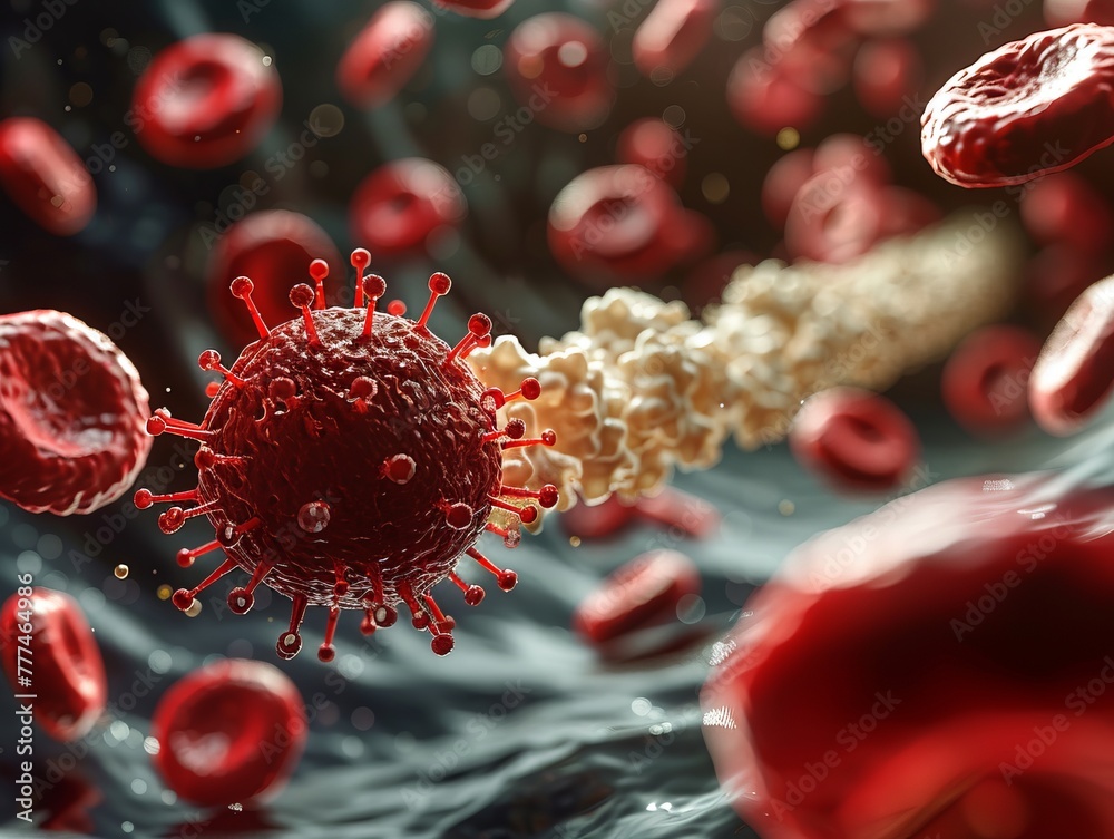 A detailed depiction of a white blood cell in the midst of division ...