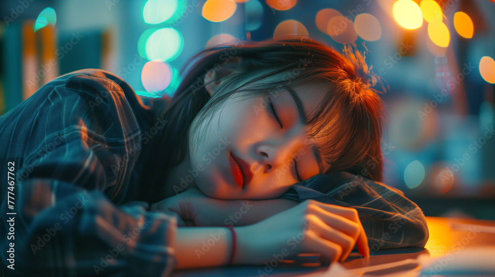 Nestled amidst her work supplies, a tired Asian woman takes a brief nap ...