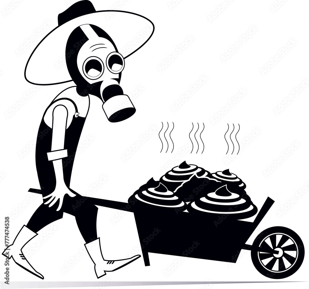 Farmer or gardener rolls a cart full of dung. Cartoon farmer or ...