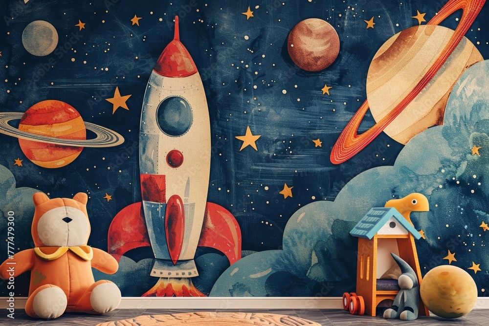 Space-themed wall decor for children's rooms featuring a cartoon rocket ...