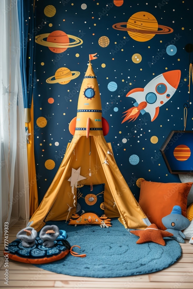 Space-themed wall decor for children's rooms featuring a cartoon rocket ...