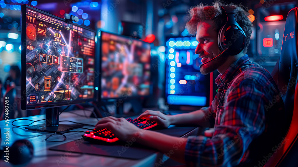 Focused gamer with headphones intensely playing a video game with neon ...