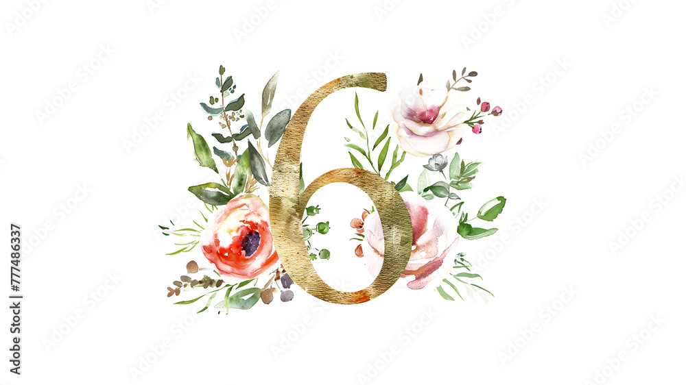 The digit 6 is painted in watercolor surrounded by flowers. «Six» is ...