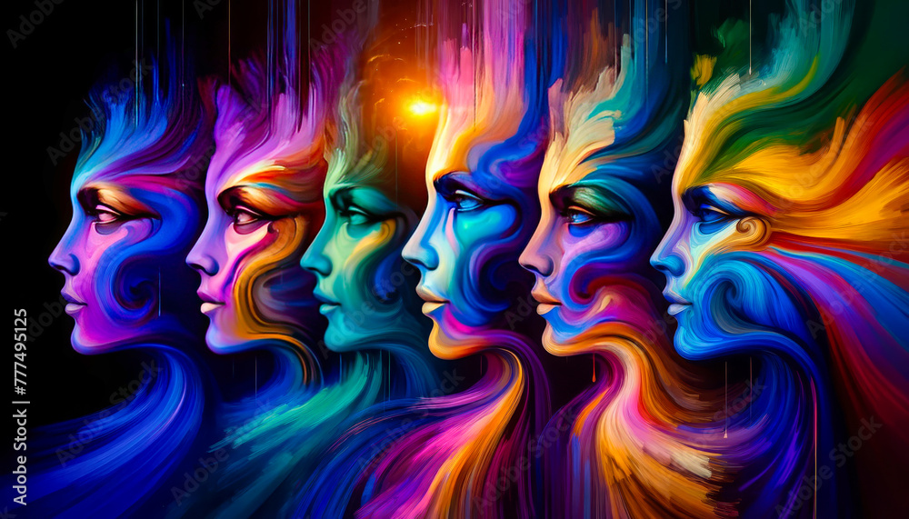 Six faces cascade in a vibrant spectacle, with vivid hues from royal ...