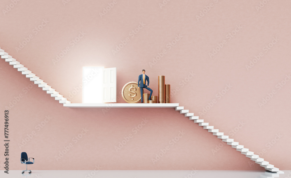 Successful banker. Business people stay next to coin stacks. Business ...