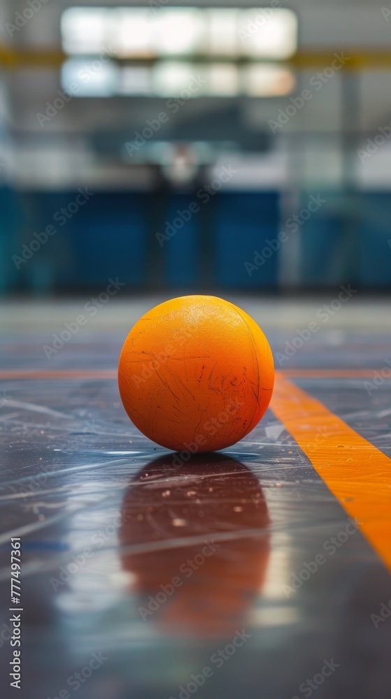 Detailed shot of a dodgeball on the gym floor, with the vibrant color ...