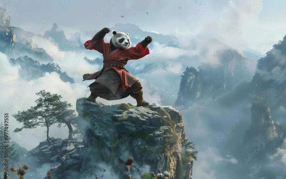 Kung fu panda in action, wearing traditional robes, on a misty mountain ...