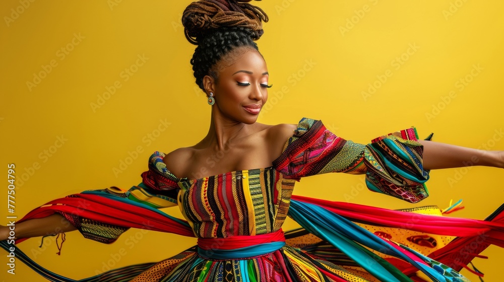 Radiant African woman twirling in traditional Juneteenth attire ...