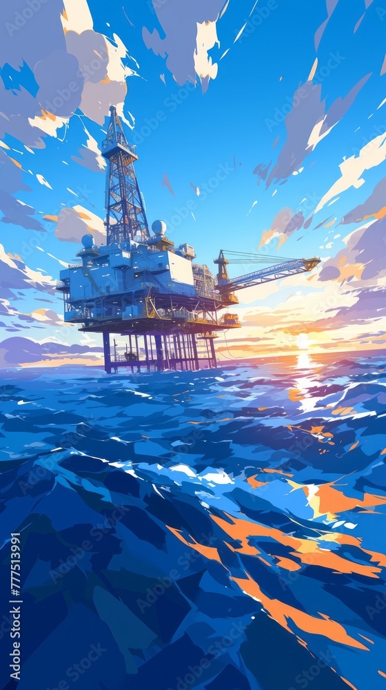Offshore platform illustration, oil and gas production in ocean or sea ...