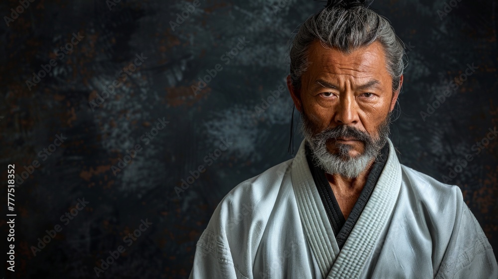 Portrait of sensei master with black sensei belt in taekwondo kimono ...