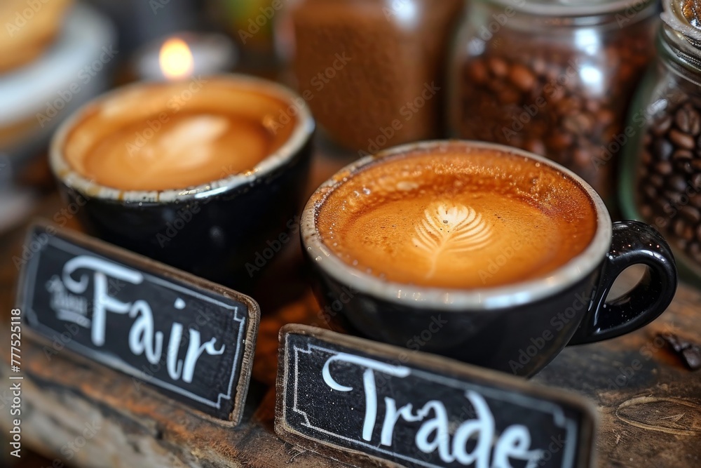 mugs with coffee and fresh coffee beans, on a warm background with ...