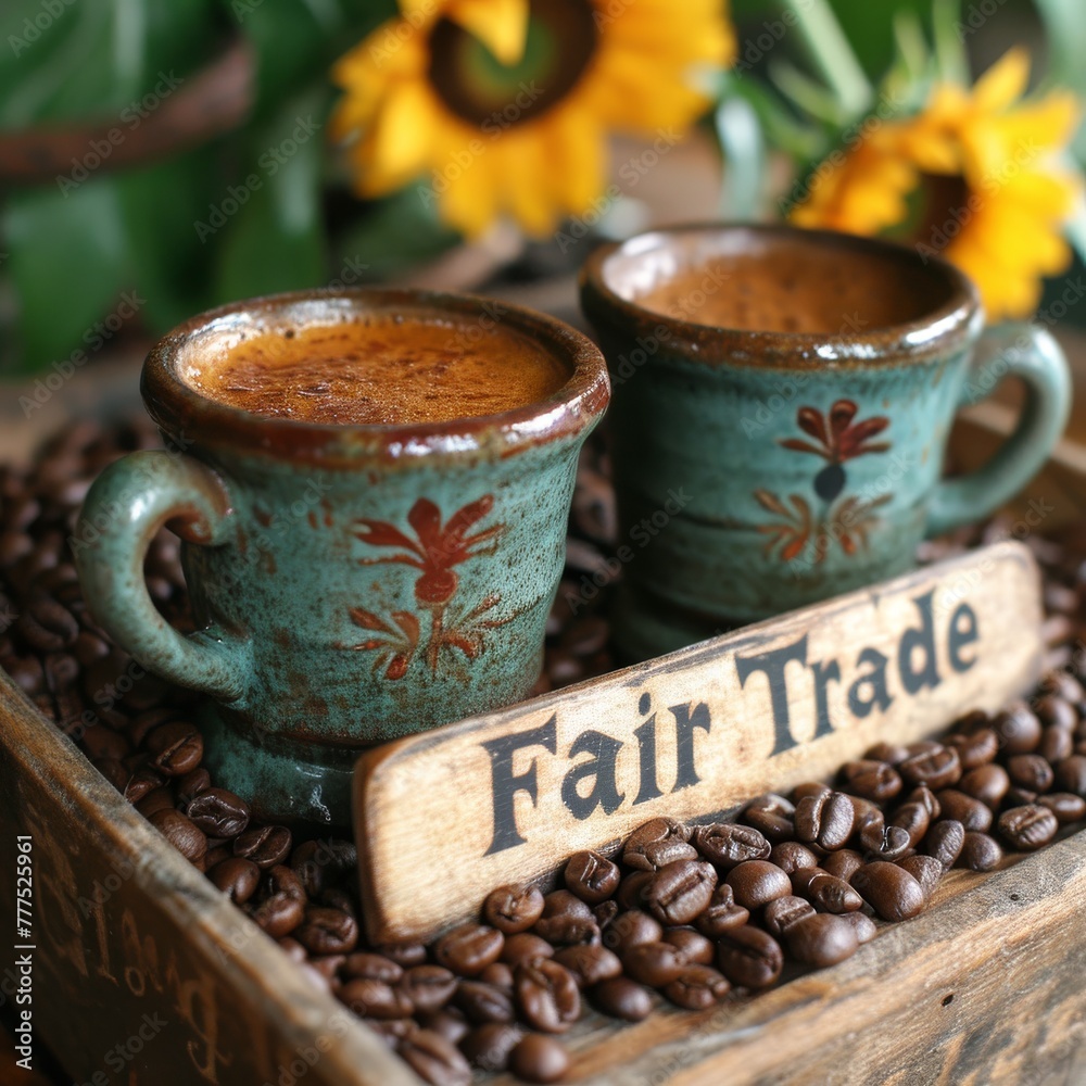 mugs with coffee and fresh coffee beans, on a warm background with ...