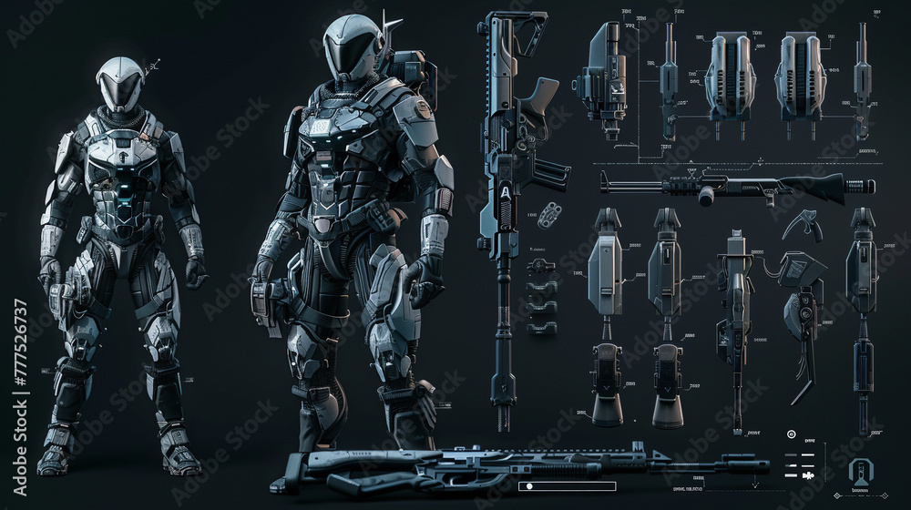 Character sheet concept image showcasing a futuristic warrior with ...