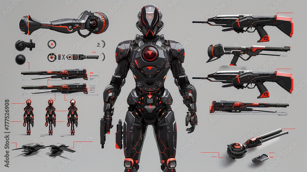 Character sheet concept image showcasing a futuristic warrior with ...
