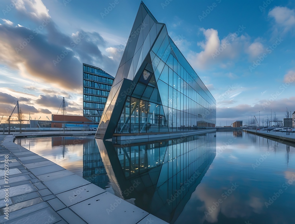 The modern building of the startup, with a triangular shape in the port ...