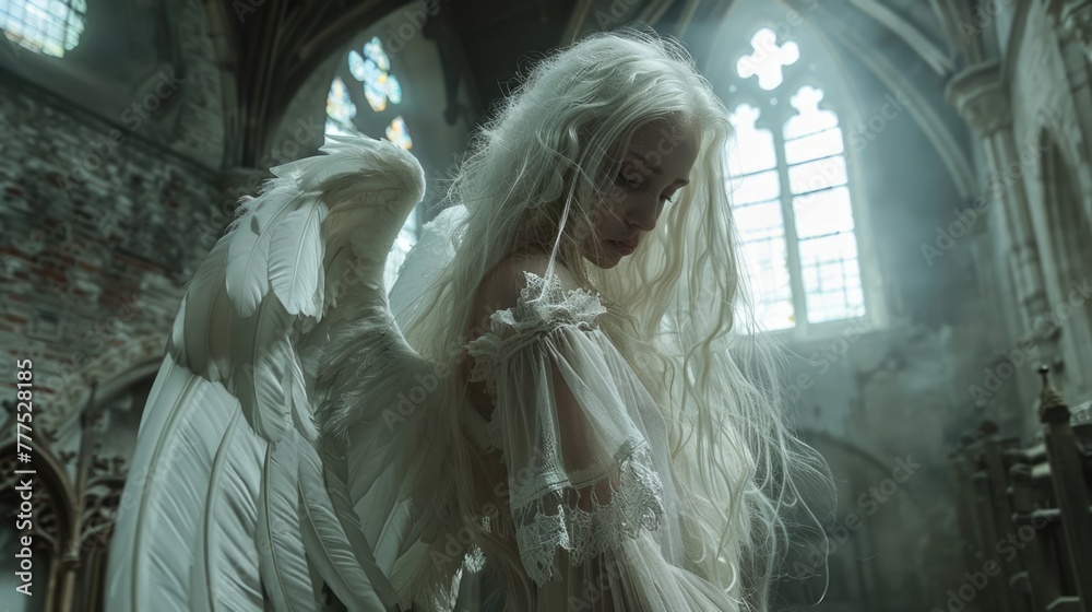 Beautiful sad fallen angel with white hair and wings at old chapel ...