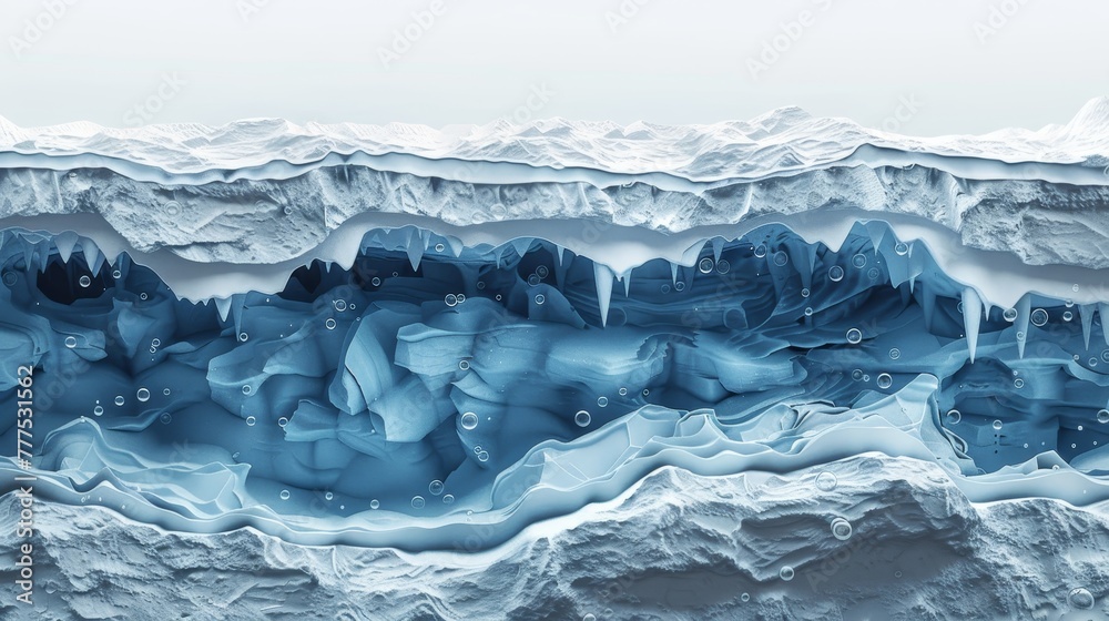 A blue and white image of a frozen landscape with a blue river running ...