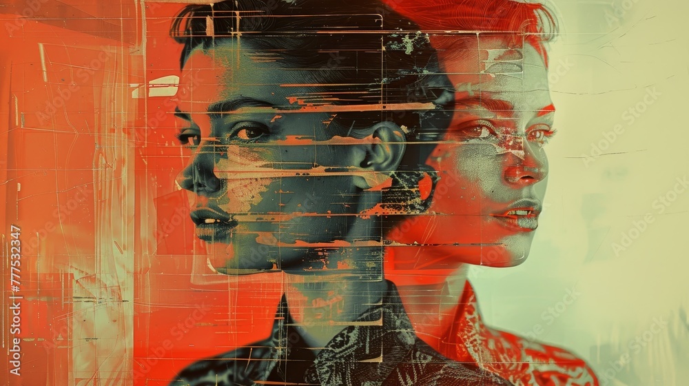 Two women's faces are shown in a distorted, pixelated way. The image is ...