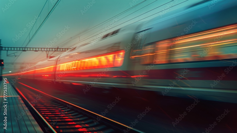 A train is moving down the tracks with a red glow. The train is long ...